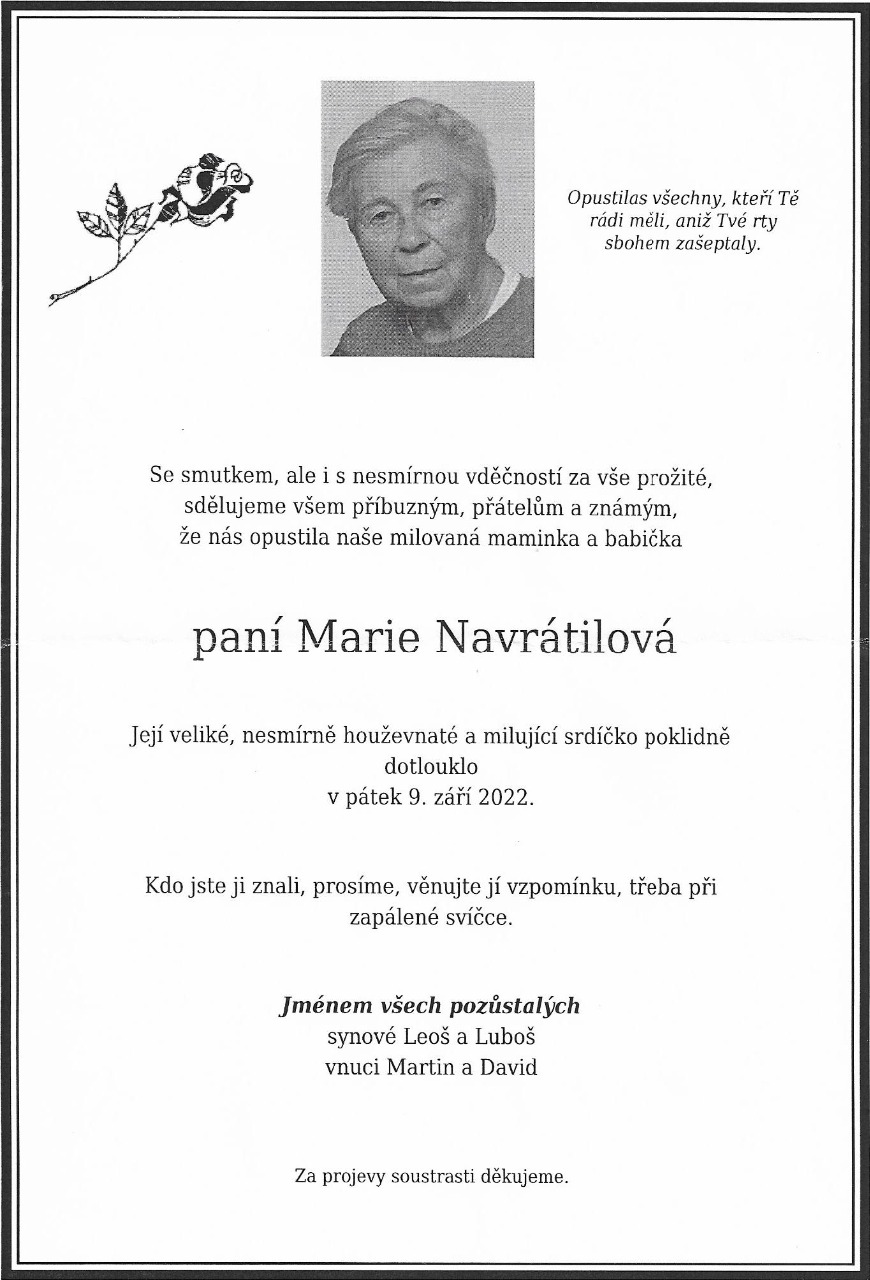Smuteční oznámení p. Marie Navrátilová :: Obec Količín